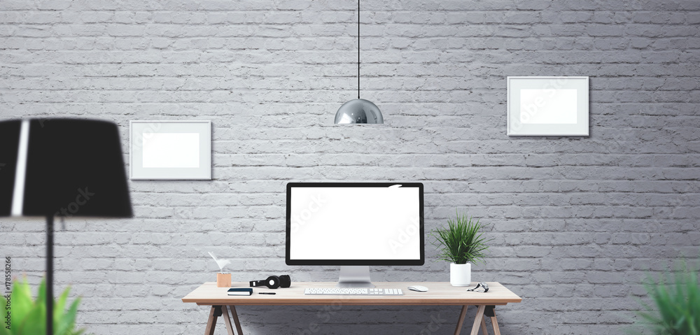 Computer display and office tools on desk. Desktop computer screen ...