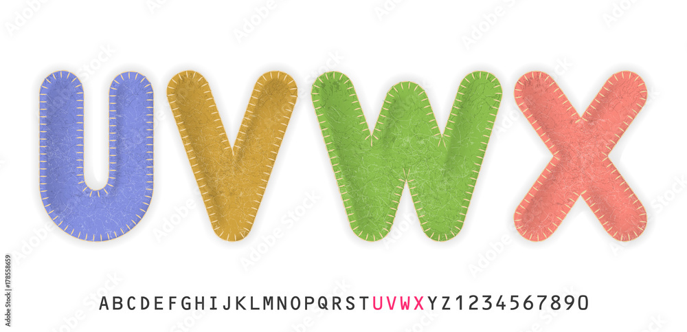 Uppercase realistic letters U, V, W, X made of color felt fabric. For ...