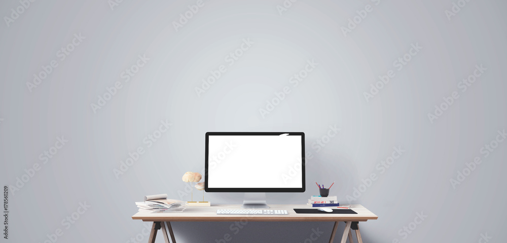 Computer display and office tools on desk. Desktop computer screen ...