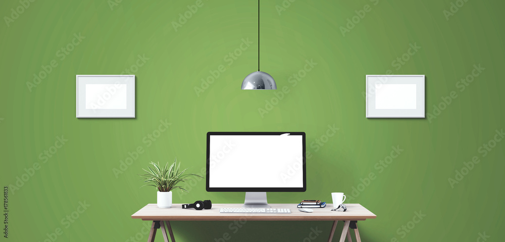 Computer display and office tools on desk. Desktop computer screen ...