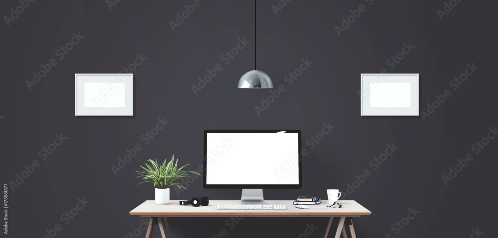 Computer display and office tools on desk. Desktop computer screen ...