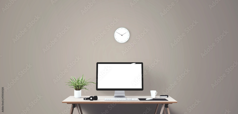 Computer display and office tools on desk. Desktop computer screen ...