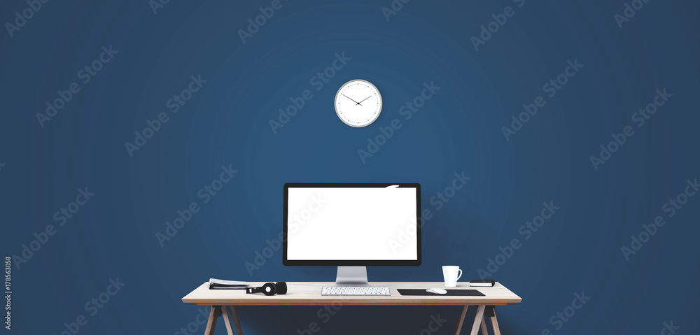 Computer display and office tools on desk. Desktop computer screen ...