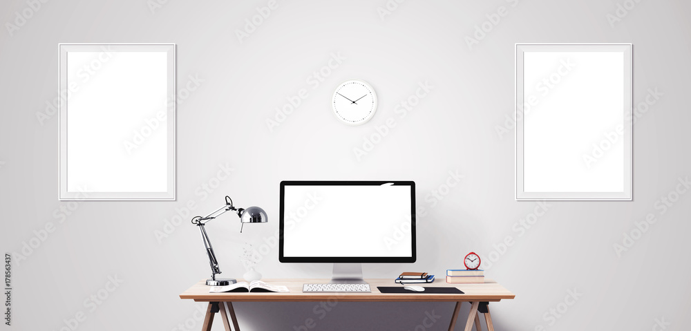 Computer display and office tools on desk. Desktop computer screen ...