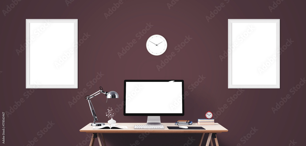 Mockup Scene CreComputer display and office tools on desk. Desktop ...