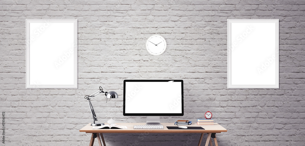 Mockup Scene CreComputer display and office tools on desk. Desktop ...