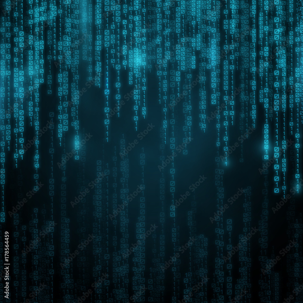 Falling blue numbers with bright flashes. Abstract technology ...