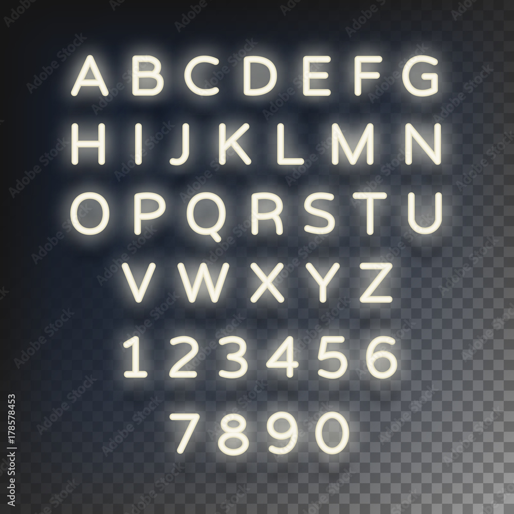 Glowing neon letters isolated bright characters on a transparent ...