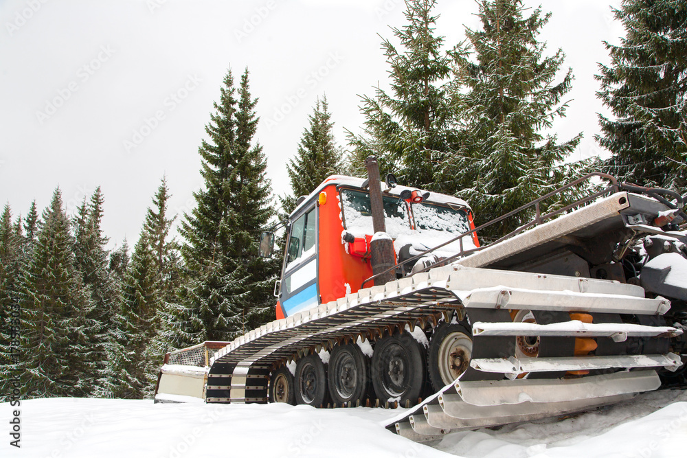 Ratrak or Snowcat, specialized vehicle for snow. Winter landscape of ...