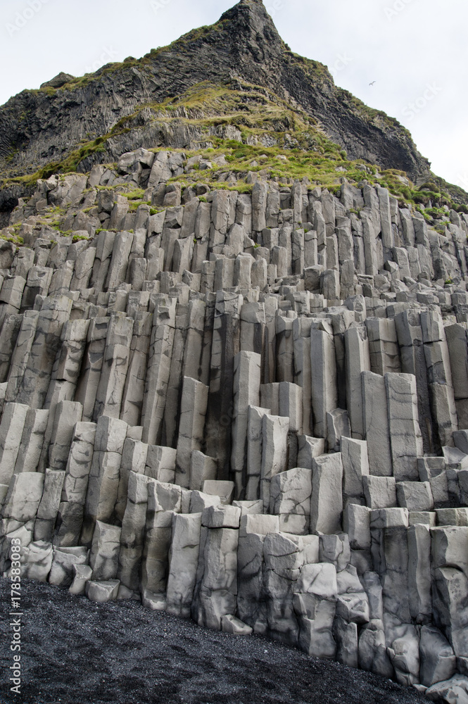 Vik - Reynisfjara Beach - basalt cliffs in a typical Icelandic ...