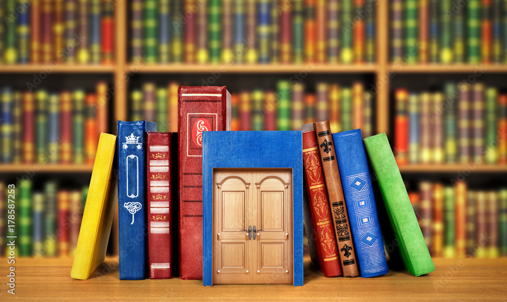 Concept of education. Stack of books with door on a library background ...