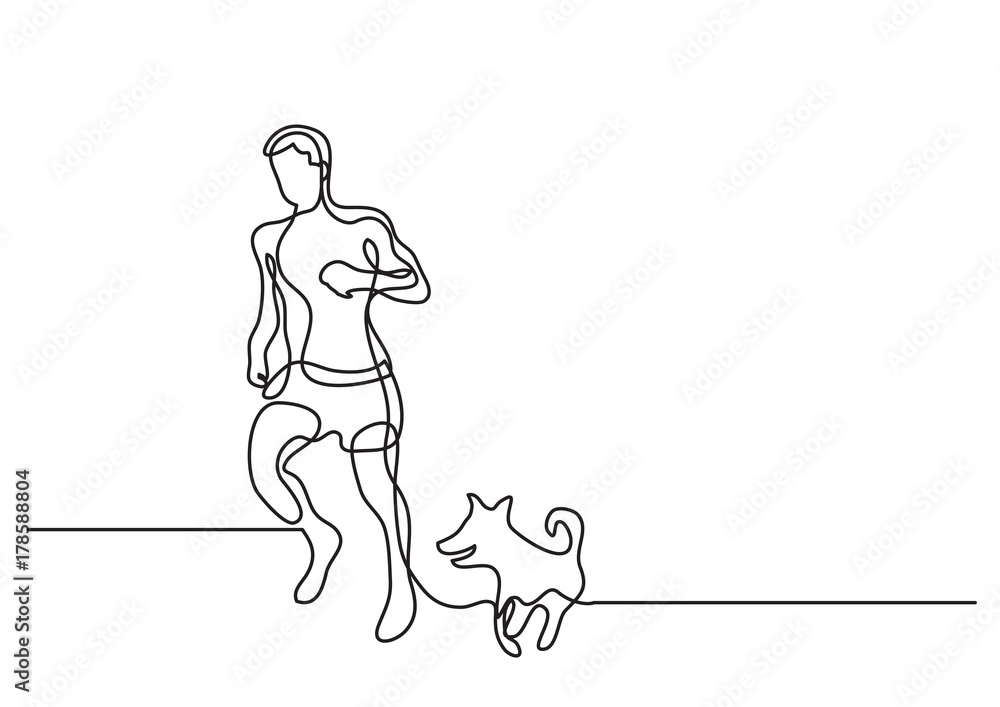 one line drawing of man running with dog Stock Vector | Adobe Stock