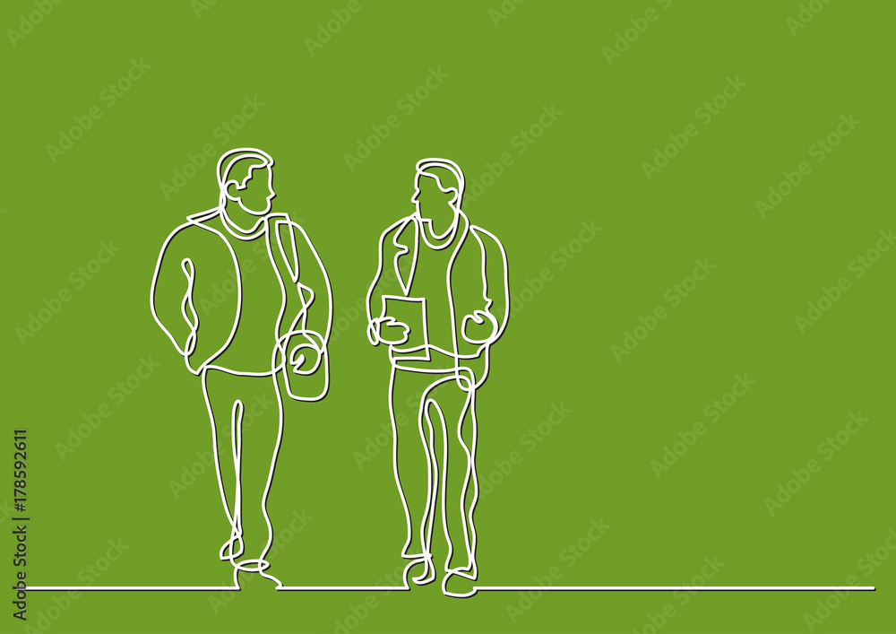one line drawing of two men walking and talking Stock Vector | Adobe Stock