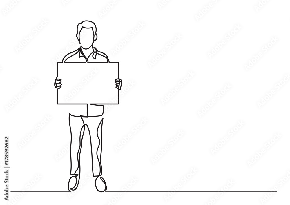 one line drawing of man holding blank sign Stock Vector | Adobe Stock