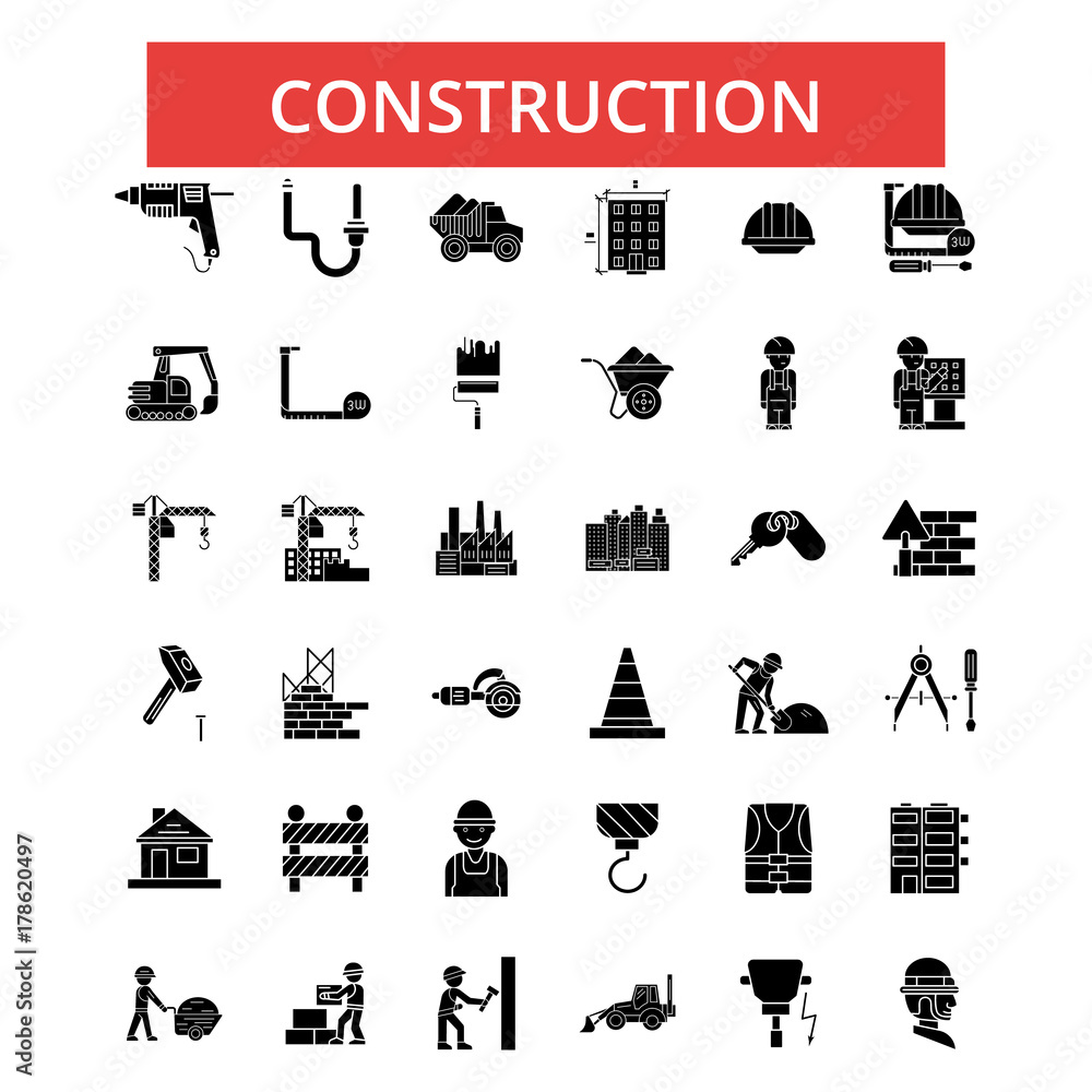Construction illustration, thin line icons, linear flat signs, outline ...