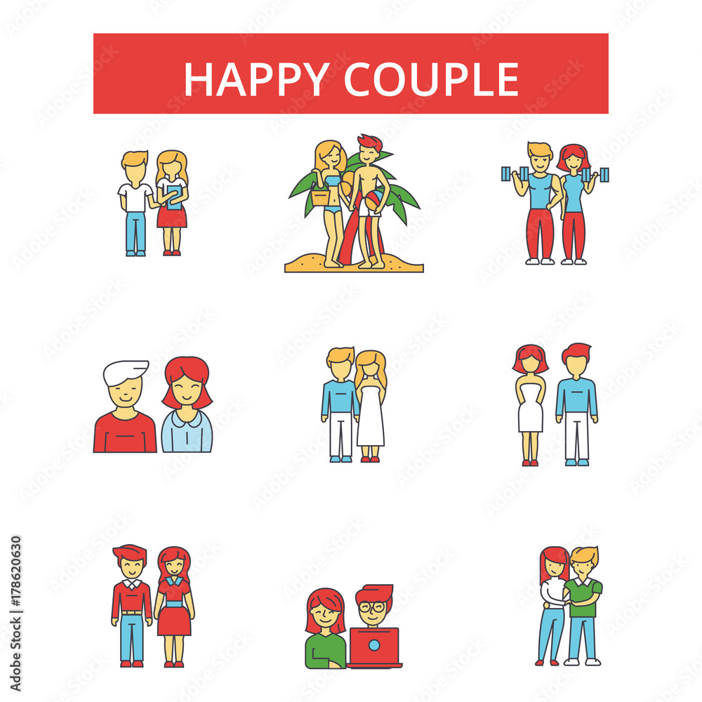 Happy couple illustration, thin line icons, linear flat signs, outline ...
