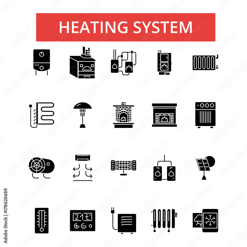 Heating system illustration, thin line icons, linear flat signs ...