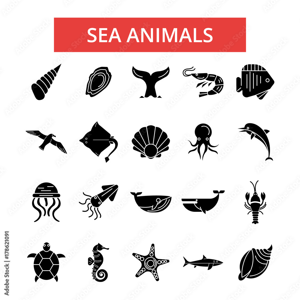 Sea animals illustration, thin line icons, linear flat signs, outline ...