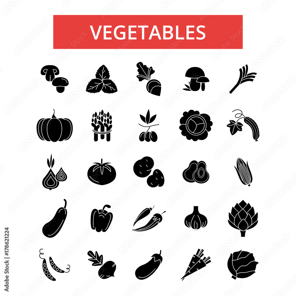 Vegetables illustration, thin line icons, linear flat signs, outline ...