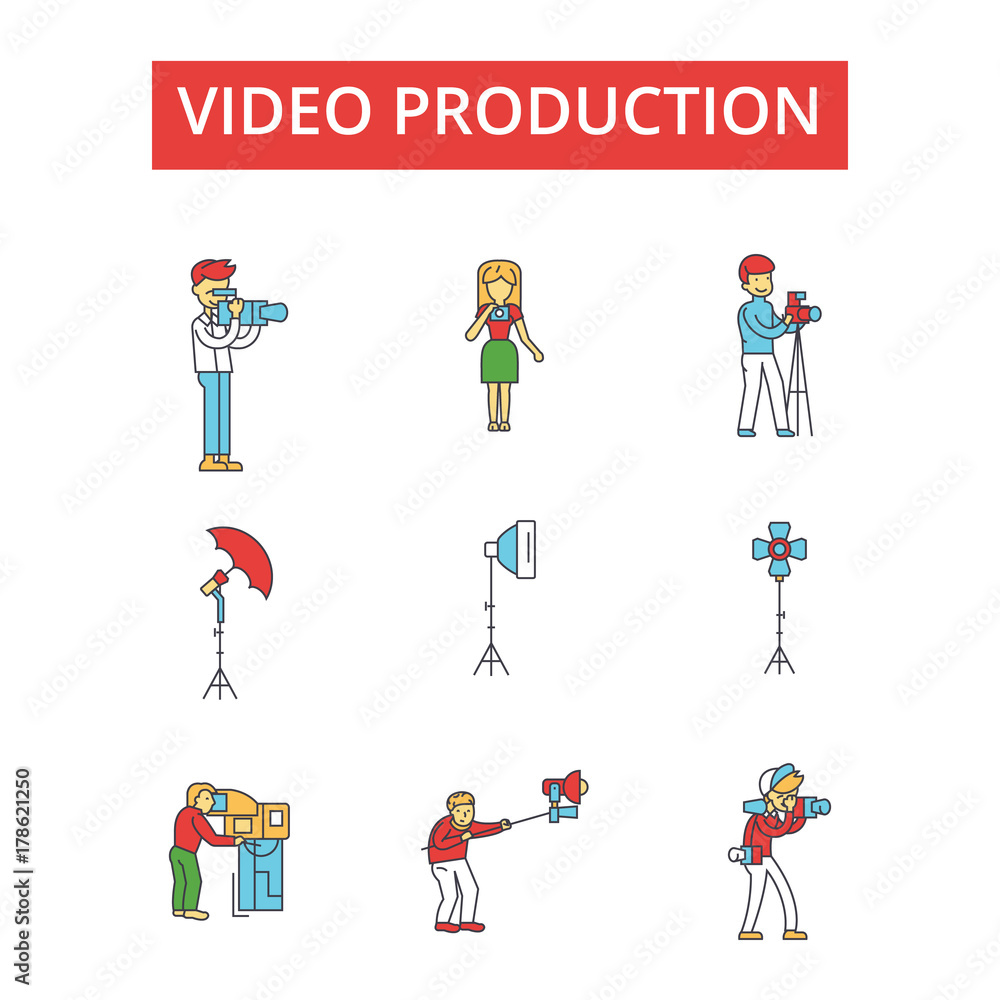 Video production illustration, thin line icons, linear flat signs ...