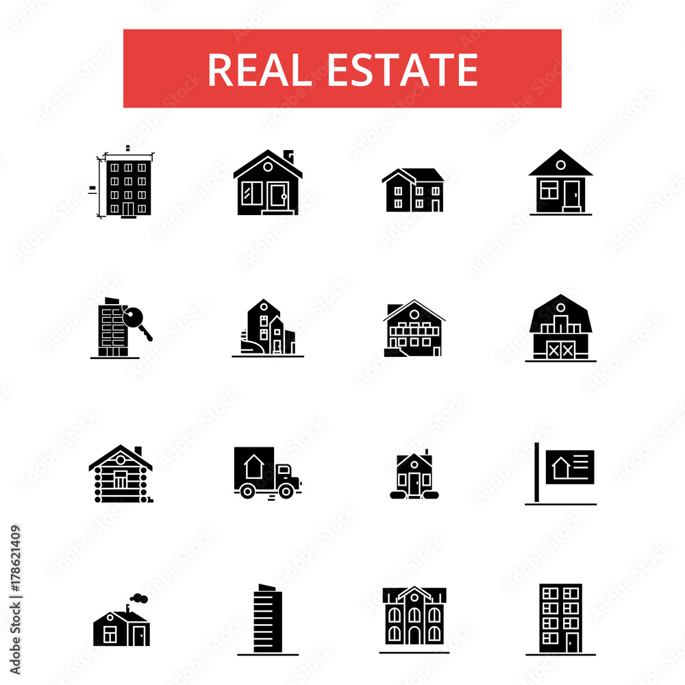 Real estate illustration, thin line icons, linear flat signs, outline ...