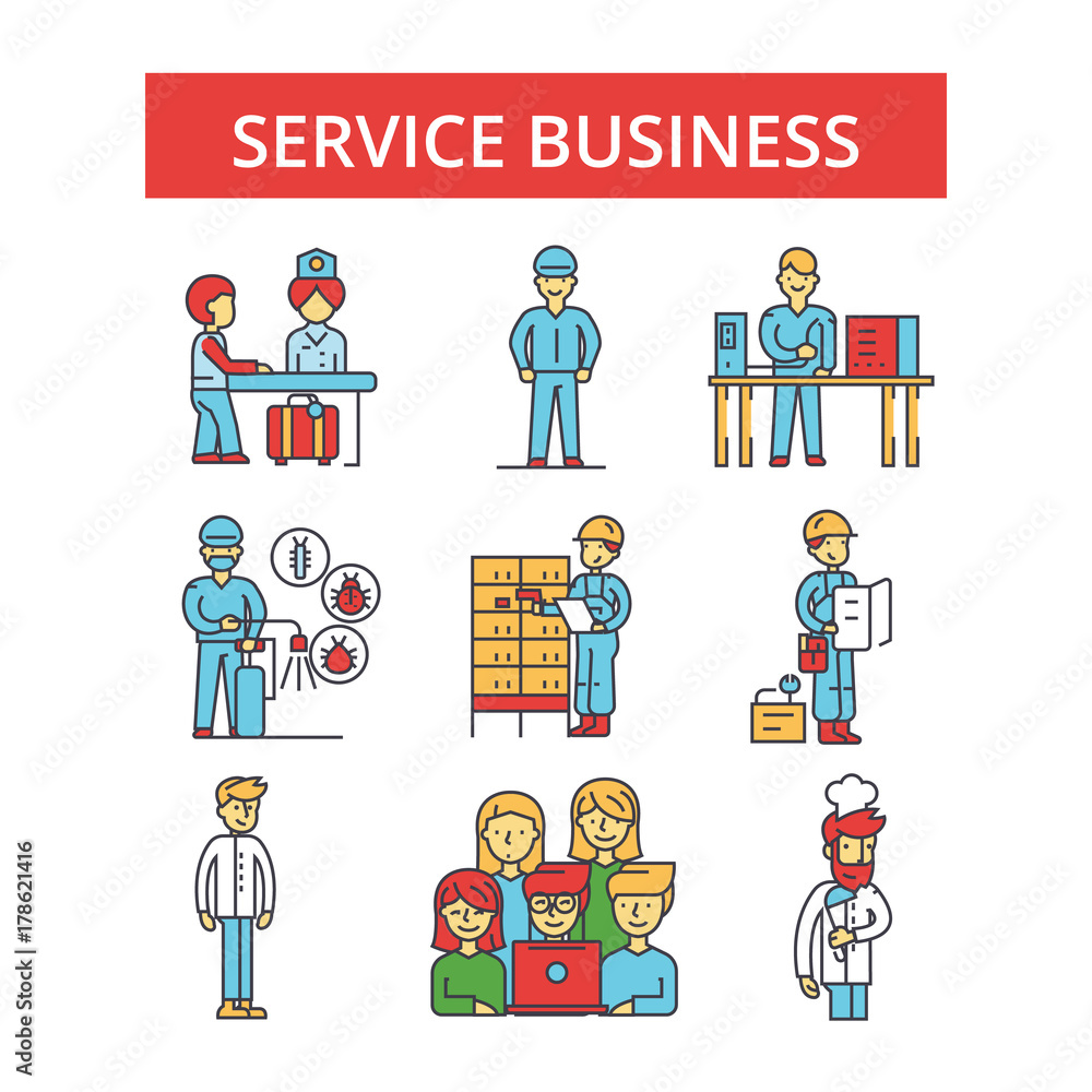 Service business illustration, thin line icons, linear flat signs ...