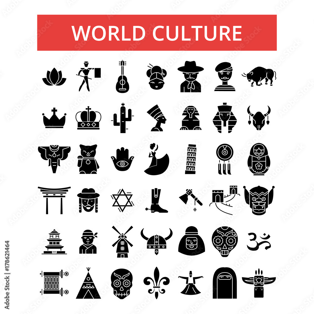 World culture illustration, thin line icons, linear flat signs, outline ...