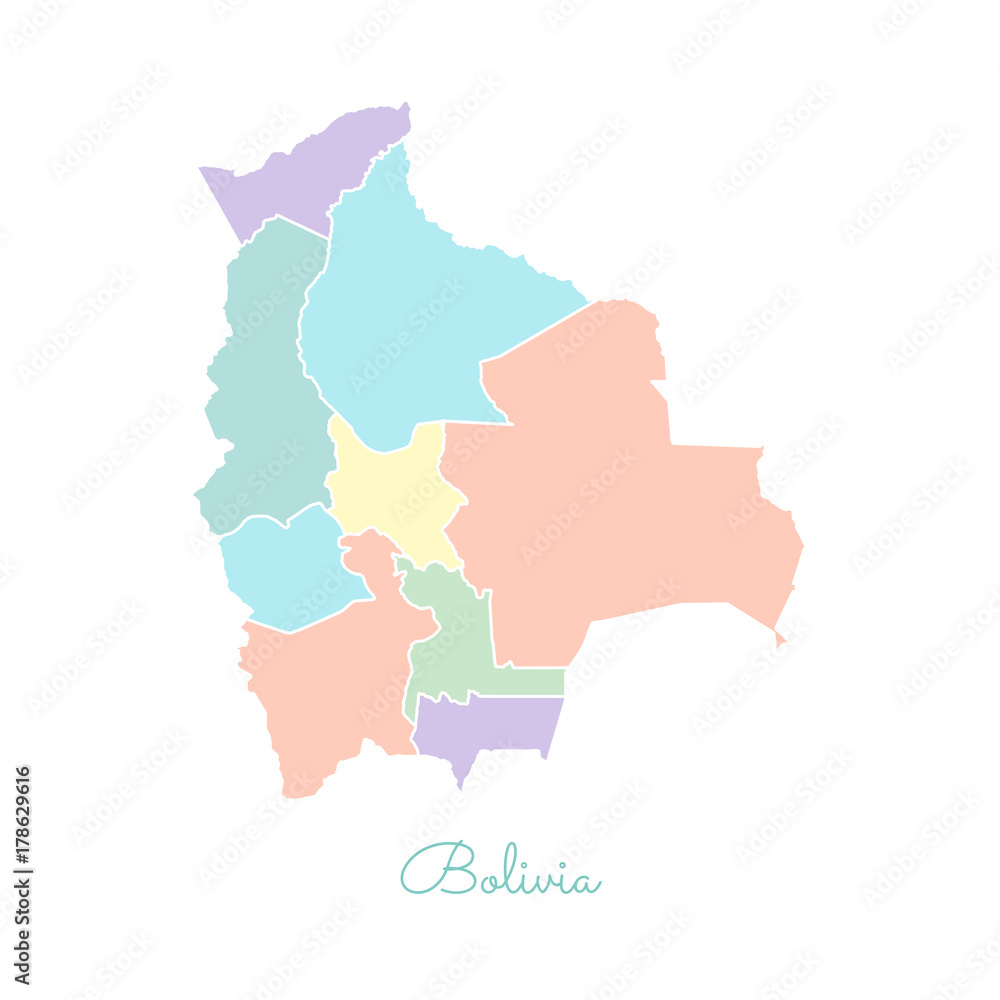 Bolivia region map: colorful with white outline. Detailed map of Bolivia regions. Vector ...