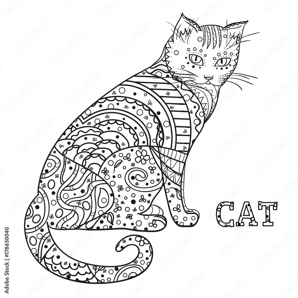 Cat. Design Zentangle. Hand drawn cat with abstract patterns on ...