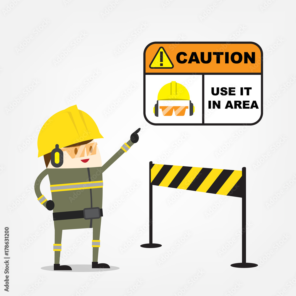 Construction ,Technician worker pointing caution sign, safety first ...