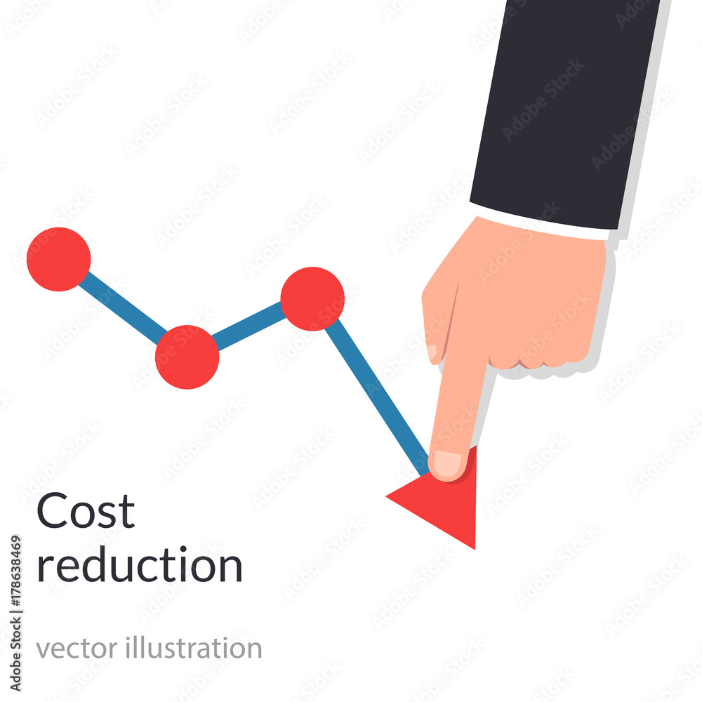 Cost reduction concept. Cost down. Businessman with his hand lowers the ...