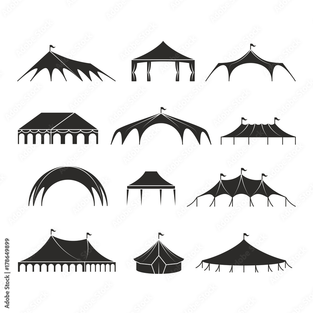 Outdoor shelter tent, event pavilion tents vector icons Stock Vector ...