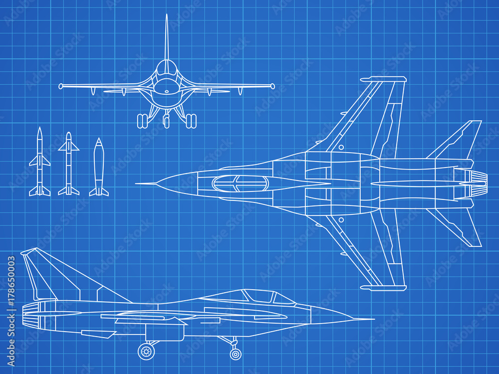 Military jet aircraft drawing vector blueprint design Stock Vector ...