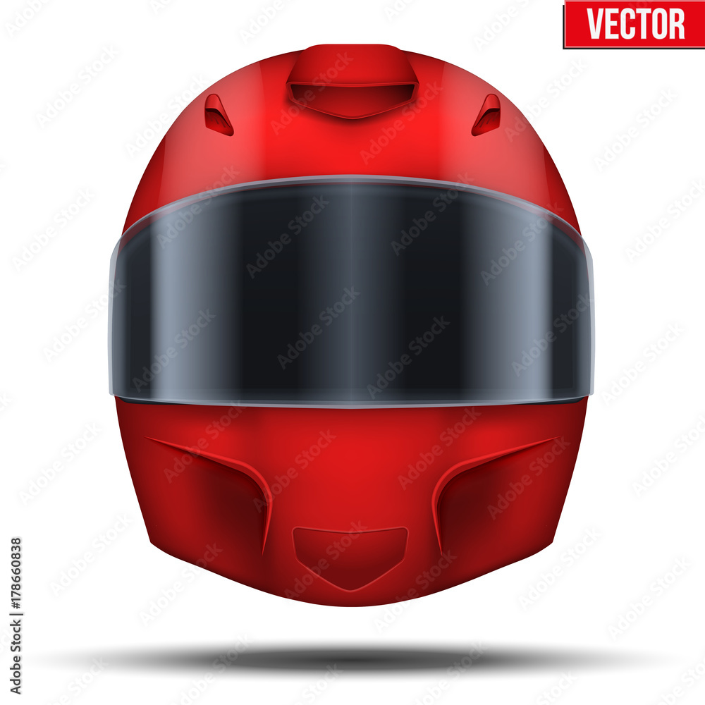 Red motor racing helmet with closed glass visor. For car and motorcycle ...