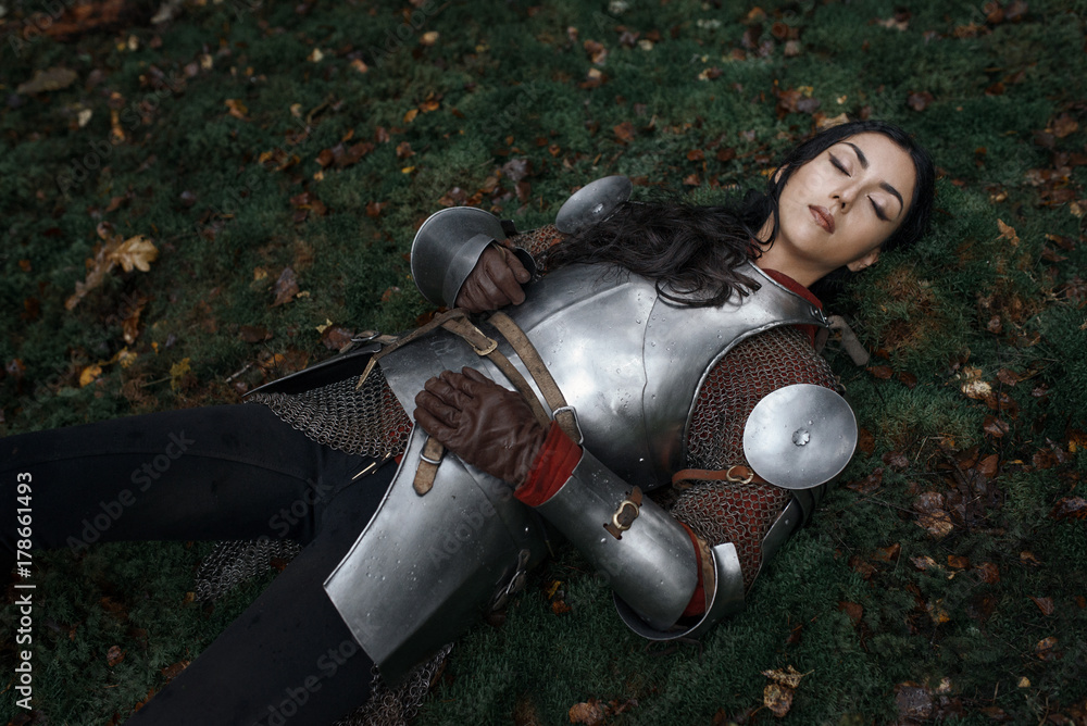 Portrait of beautiful medieval girl warrior in a chain mail hood. Stock ...