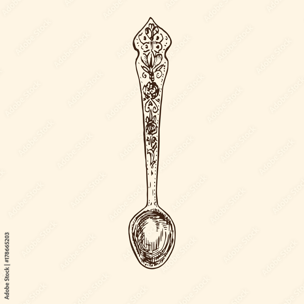 Teaspoon with ornament, hand drawn doodle, simple sketch in pop art ...