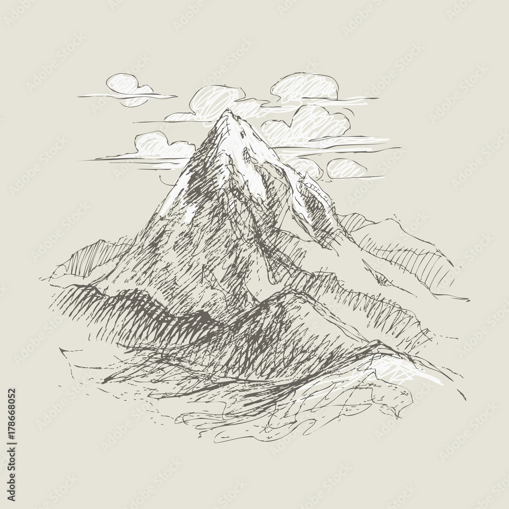 Pencil sketch mountain peaks. Detailed illustration in vintage style ...