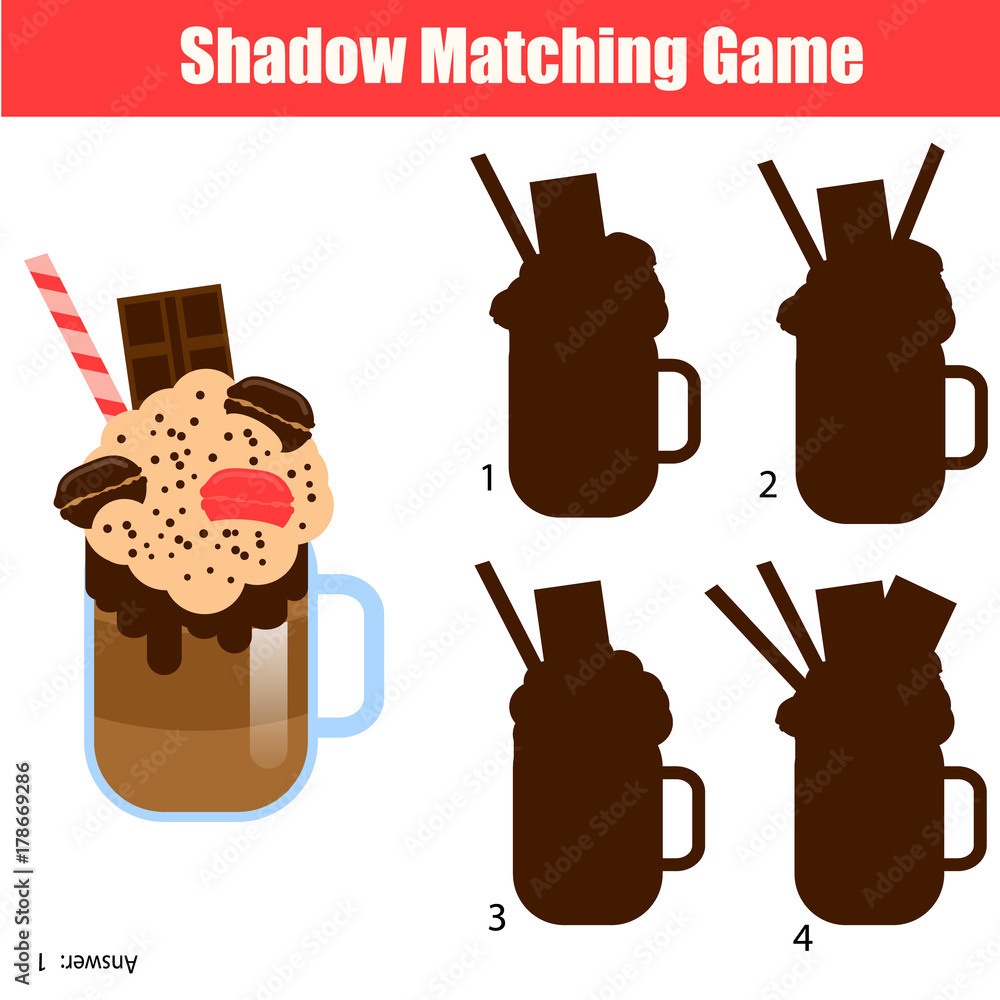 Shadow matching game. Kids activity with milk shake cocktail Stock ...
