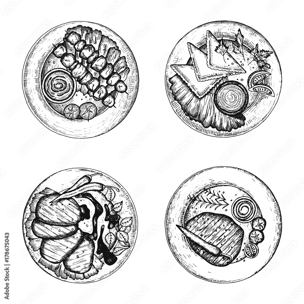 different ready-made meat dishes on plates set of vector sketches ...