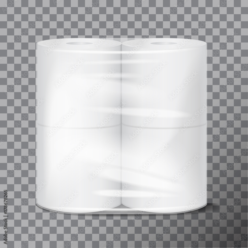 Toilet paper package white mock up with transparent wrapping. Vector ...