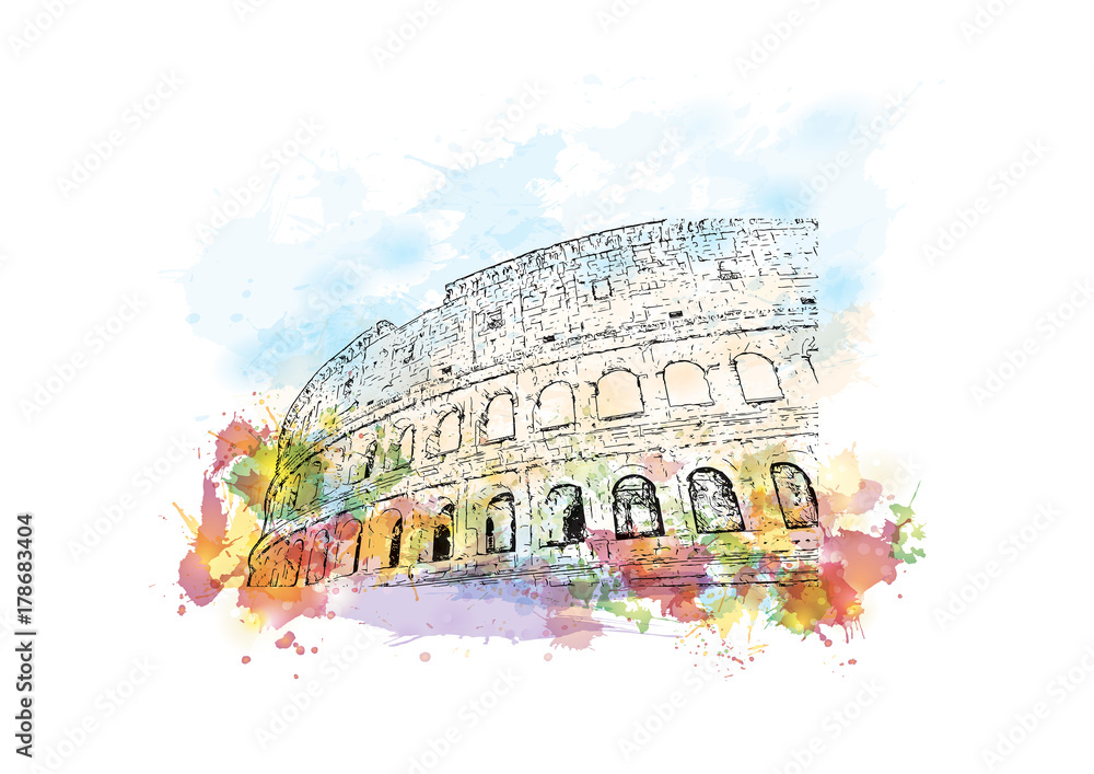 Watercolor sketch with color splash of Colosseum Rome, Italy in vector ...