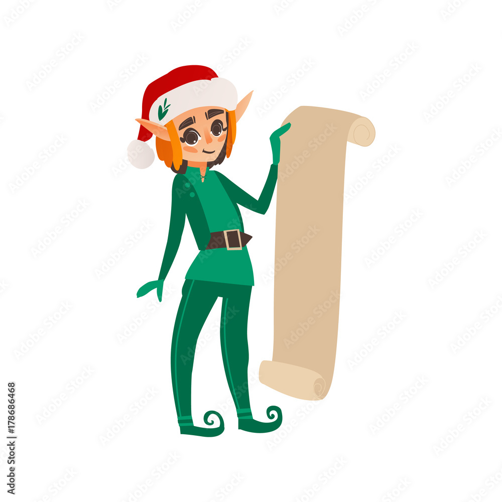Christmas elf, Santa little helper in green clothes holding scroll with ...