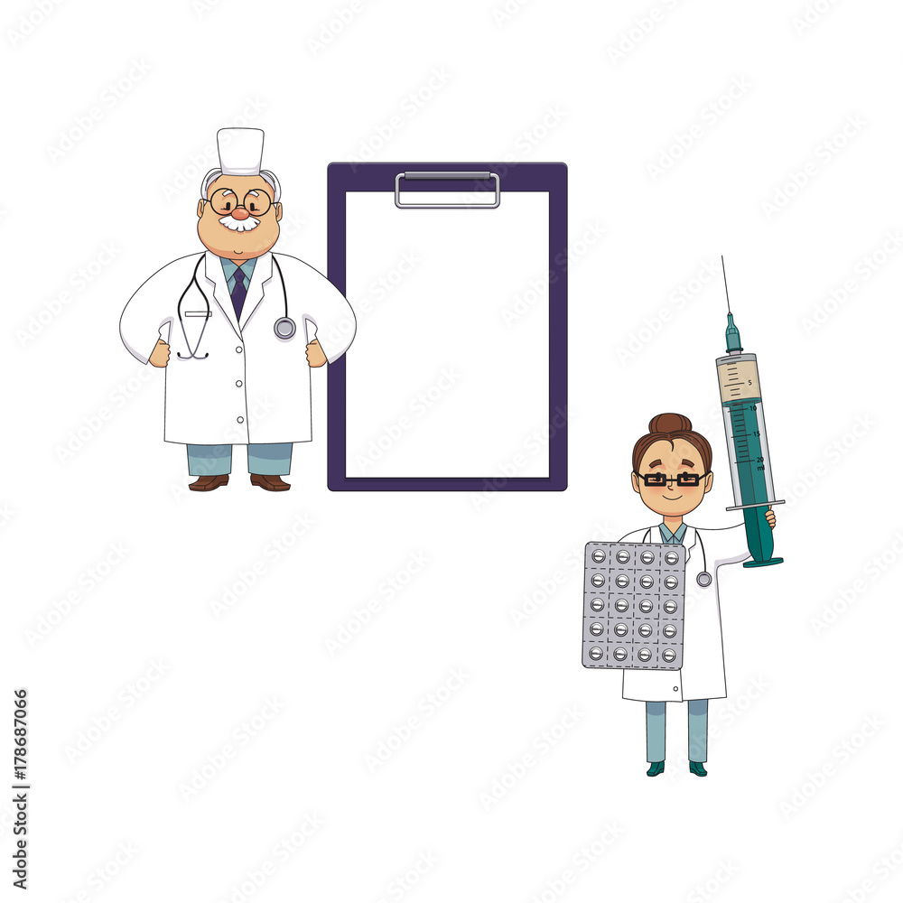 Funny woman and elder man doctor with giant patient chart, pills and ...