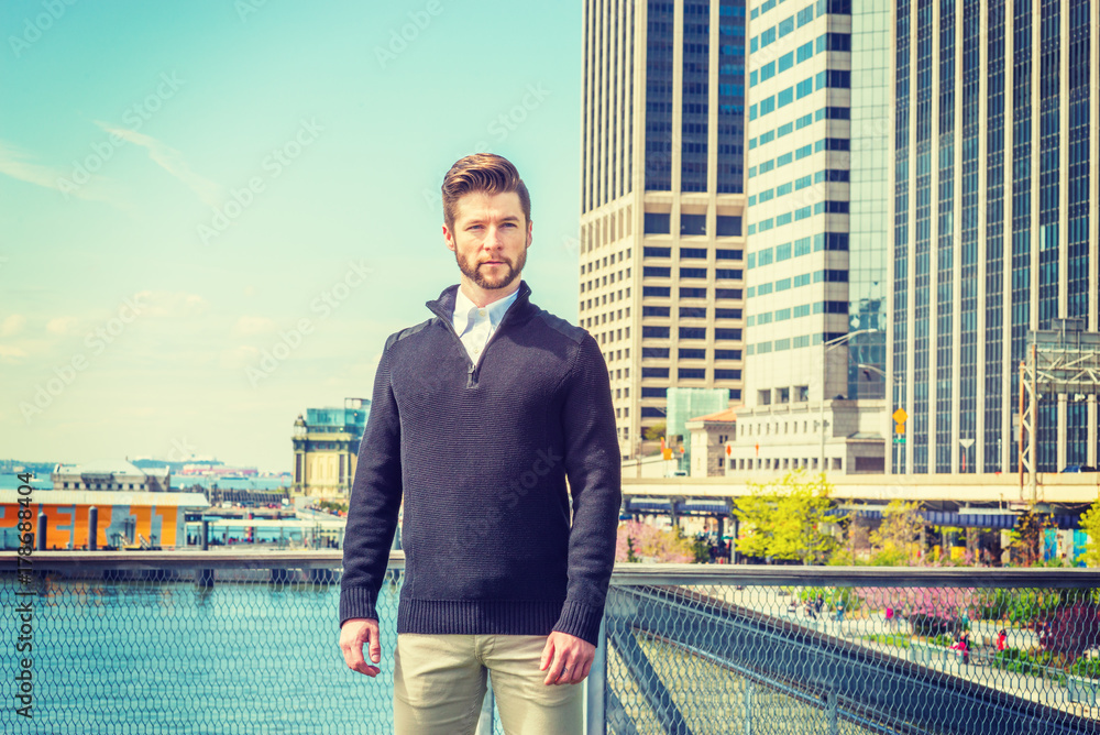 American Man Casual Spring Fashion in New York. Wearing black sweater ...