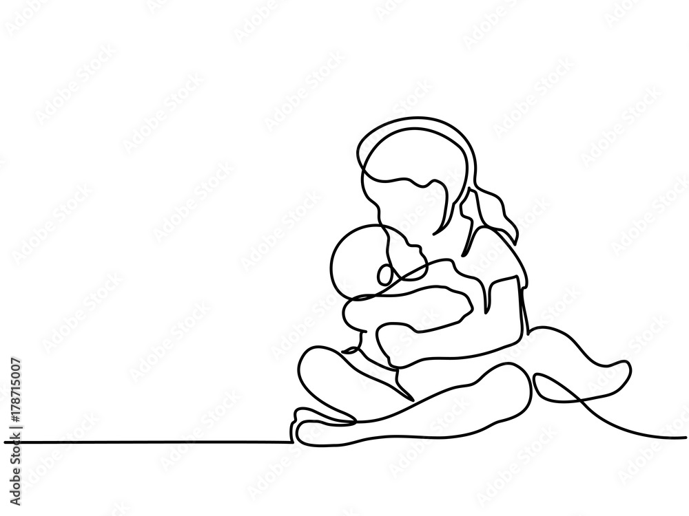 Continuous line drawing. Happy toddler girl playing with her newborn ...