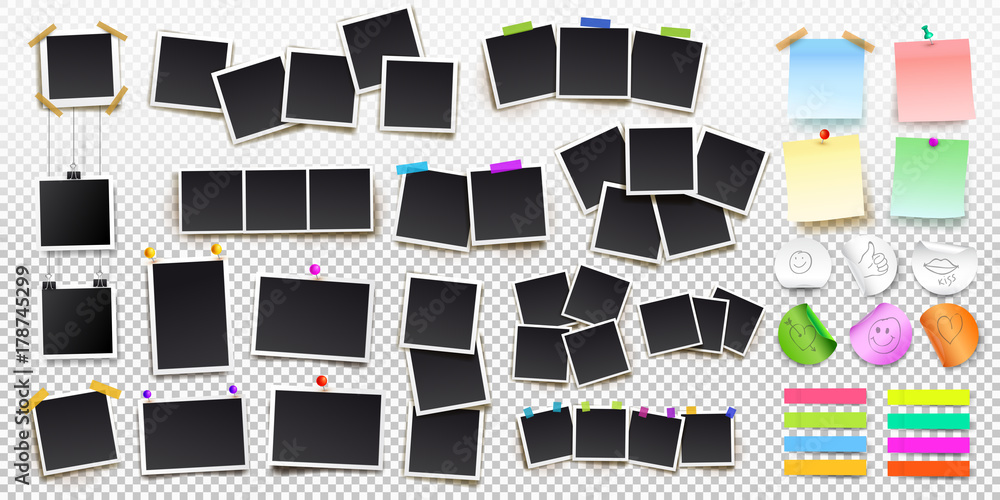 Big set of square vector photo frames on sticky tape, pins and rivets ...