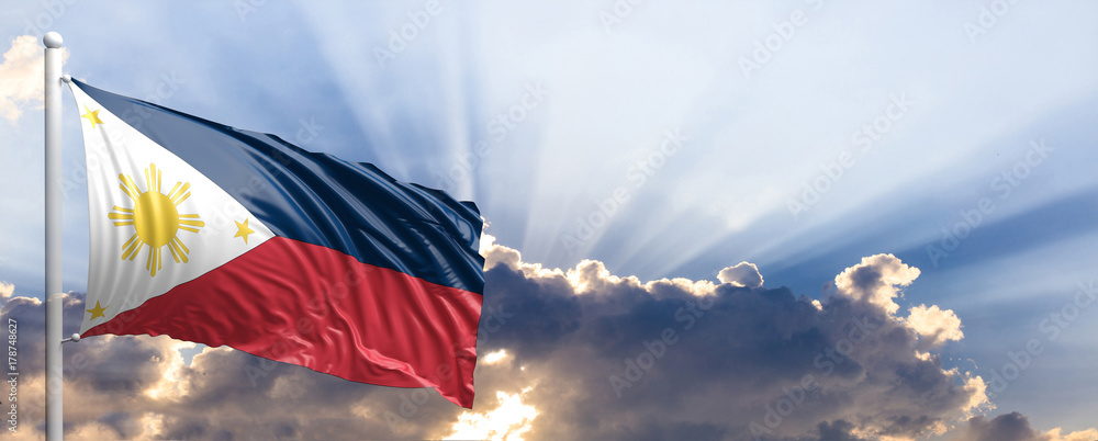 Philippines flag on blue sky. 3d illustration Stock Photo | Adobe Stock
