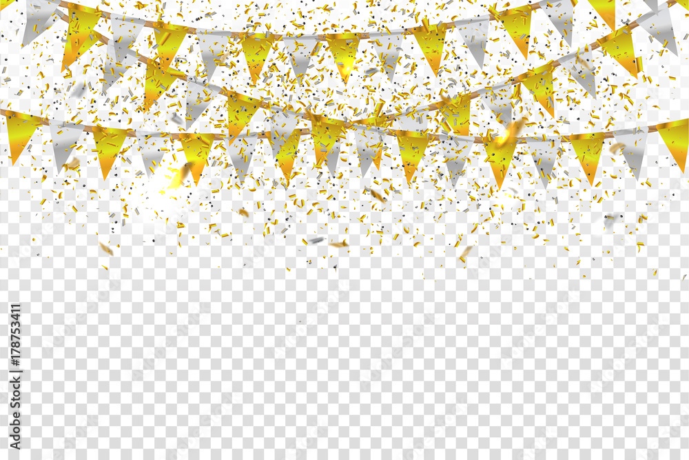 Vector realistic isolated party flags and golden confetti for ...