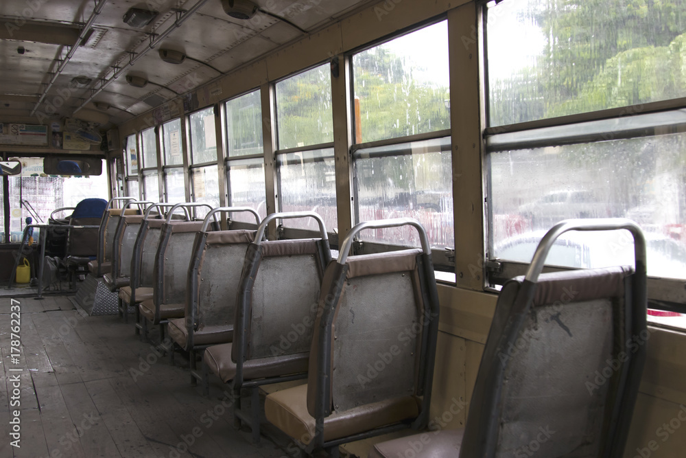Landscape of life inside a bus in Bangkok, Thailand. This is an open ...