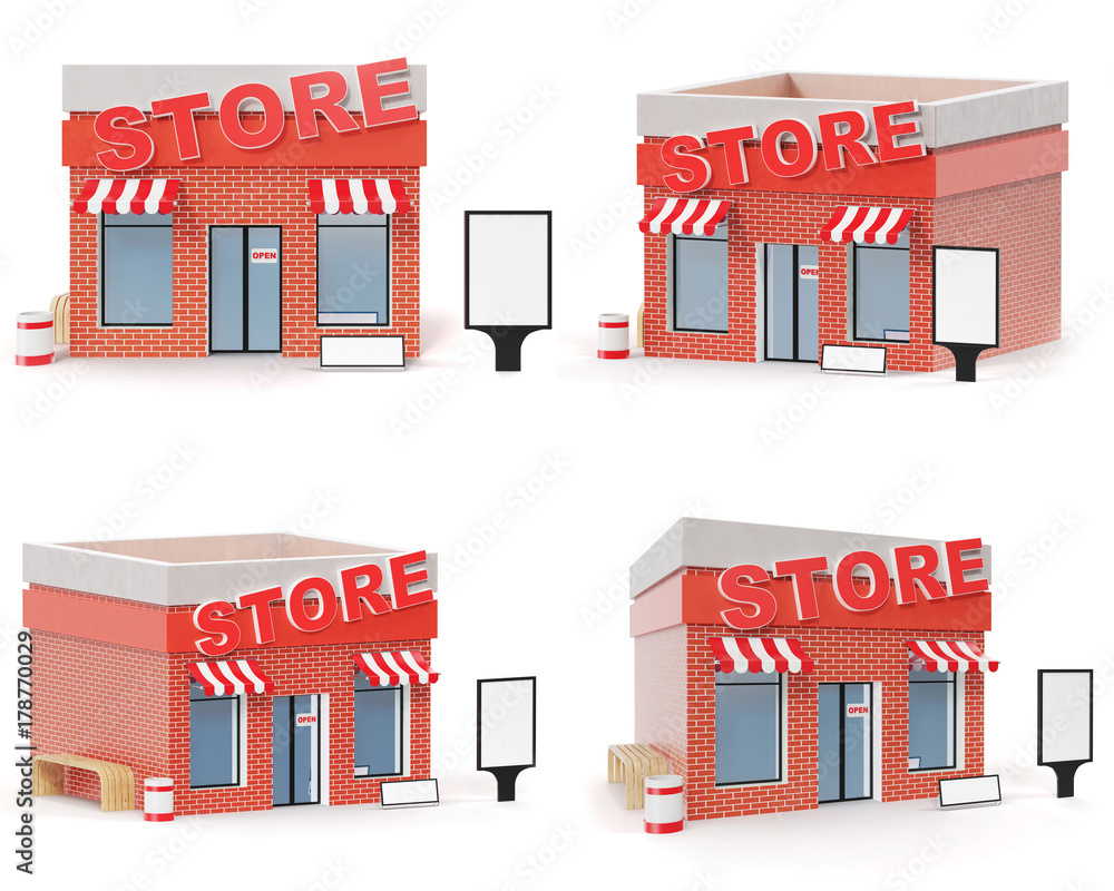 Set Store with copy space board isolated on white background. Modern ...